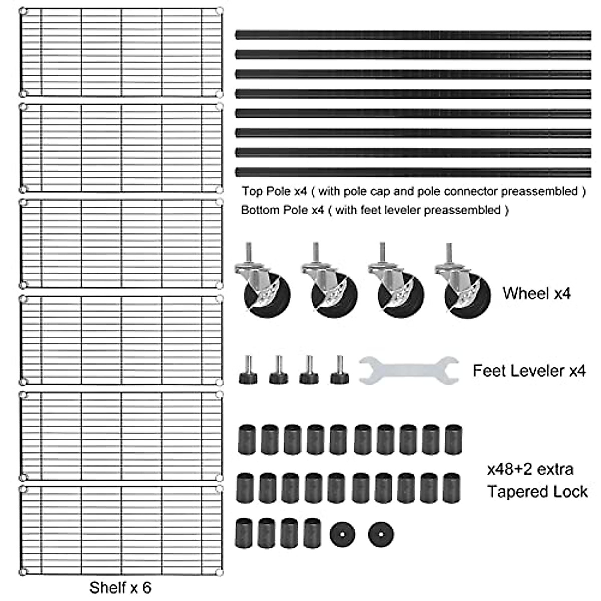 Storage Shelves 6-Tier Wire Shelving Unit Garage Shelving with Wheels 2100LBS Capacity,18" D x 48" W x 78" H Metal Shelves Storage Rack Heavy Duty Shelving for Garage Kitchen Pantry,Black
