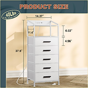 EKNKOZY Nightstand 5 Drawer Dresser with LED Lights and Charging Station, Vertical Side Table with Fabric Drawers, End Table with Open Shelf, Tall Dresser for Bedroom, Hallway, Entryway, White