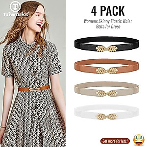 4 Pack Women Skinny Elastic Belt Ladies Fashion Stretchy Thin Waist Belt For Dresses Black/White/Brown/Beige