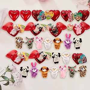 JOYIN 28 Packs Valentines Day Prefilled Hearts with Plush Animal Finger Puppet and Valentins Card for Kids Valentine Classroom Exchange, Valentine Party Favors, Gift Exchange, Game Prizes