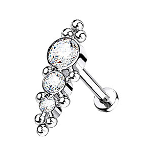 Pierced Owl 16G Implant Grade Titanium Internally Threaded Descending Triple Round CZ Crystal and Ball Clusters Flat Back Labret Monroe Lip Cartilage Helix Ear Lobe Stud (Barbell Length: 8mm (5/16"))