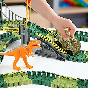 Dinosaur Track Toys with 227PCS Flexible Track, 1 Dinosaur Car, 1 Race Car, 8 Dinosaurs for 3 4 5 6+ Year Old Boys Girls Best Gift, Create A Unique Dinosaur World Road Race