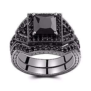 Castillna Black Cubic Zirconia CZ Simulated Diamond Princess Cut Solitaire Halo Bridal Engagement Wedding Rings Sets in Sterling Silver for Women