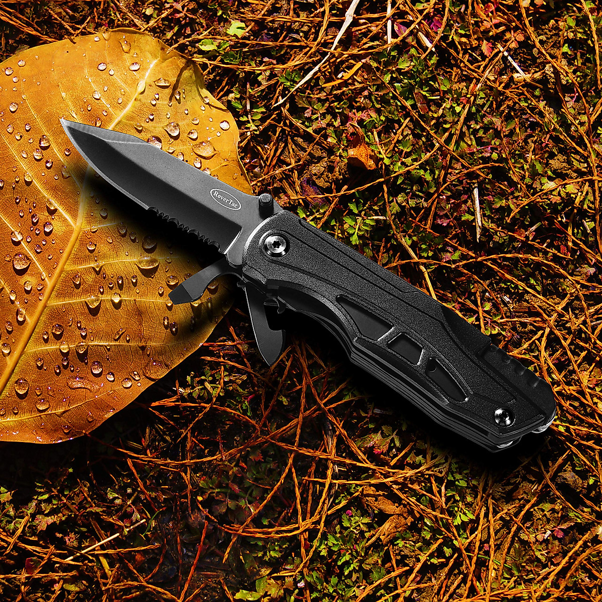 RoverTac Pocket Knife Multi Tool Tactical Knife Multitool Knife with Scissors Bottle and Can Opener Fire Starter Whistle Screwdriver Perfect for Camping Hiking Survival Christmas Gifts for Men Dad