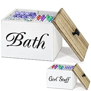 Tampon Storage Bathroom Container with Lid, Tampon Holder for Bathroom, Countertop Organizer Storage Box Tampons and Pad Organizer, Wood Movable Partition Feminine Product Organizer for Cosmetics