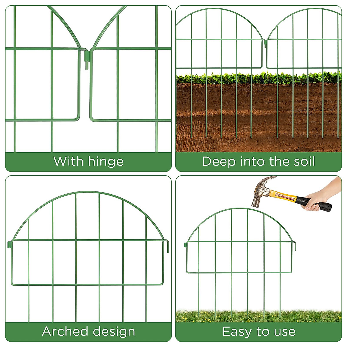 Dandat 10 Pack Decorative Garden Fence No Digging Fencing 17 x 13 Inch Animal Barrier Fence Rustproof Metal Wire Panel Border for Dog Rabbit Ground Stakes Defense and Outdoor Patio Yard, Arched, Green