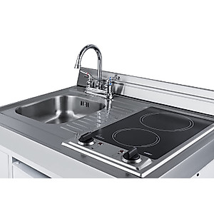Summit C39ELGLASS 39"" All-In-One Kitchenette with 2 Element Smooth-top Cooktop Refrigerator-Freezer Stainless Steel Sink and Storage Cabinet in White