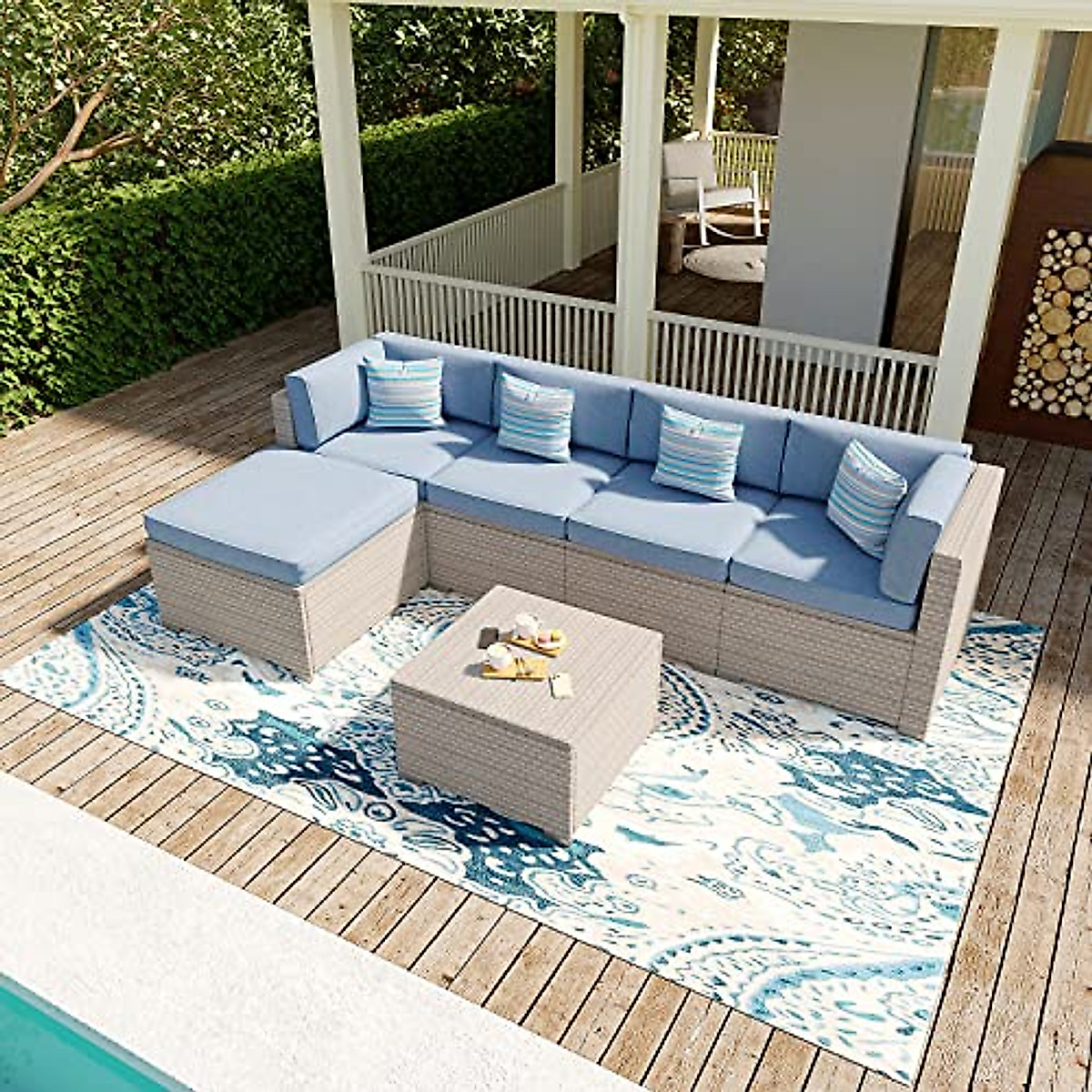 SUNBURY 6-Piece Outdoor Sectional Wicker Sofa in Blue, w 4 Pillows in Psychedelic Colors ?¡ìC Elegant Patio Furniture Chair and Table Set for Backyard Garden Pool
