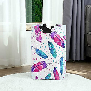 Qilmy Large Laundry Basket Collapsible Clothes Hamper, Waterproof Nursery Storage Bin with Handle Clothing Baskets for Bedroom Bathroom, Bohemian Feather Style