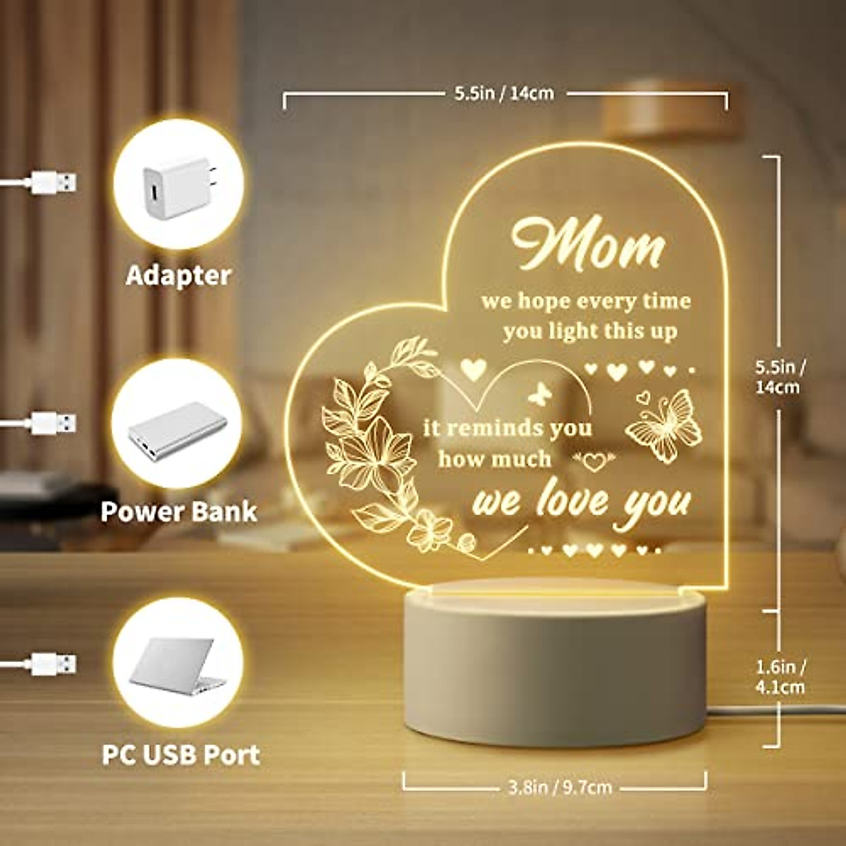 Birthday Gifts for Mom, Mothers Day Gifts from Daughter or Son - Mom Gifts for Mothers Day - to My Mom Night Light Engraved with Saying, Best Christmas Gifts for Mom or Step Mother