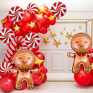 10Pcs Christmas Balloons Decorations Large Gingerbread Man Helium Balloons Red Candy Foil Mylar Balloons for Winter Themed Christmas Holiday Birthday Baby Shower Party Decorations Supplies