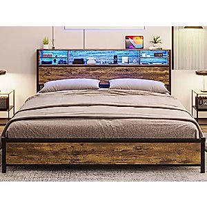 BTHFST King Size LED Bed Frame with Storage Headboard, USB Ports & Charging Outlets, Industrial Metal Platform Bed, Upgraded 2-Row Support Bars, No Box Spring Needed, Vintage Brown&Black (King)