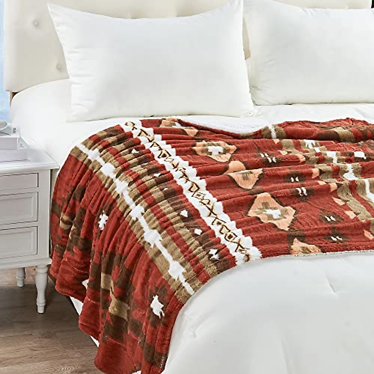 Home Soft Things Southwest Faux Fur Throw Blanket, Brick Red, 60'' x 80'', Soft Warm Lightweight Cozy Throw Blanket with Sherpa Backing Couch Bed Sofa Cover Throw Home Décor