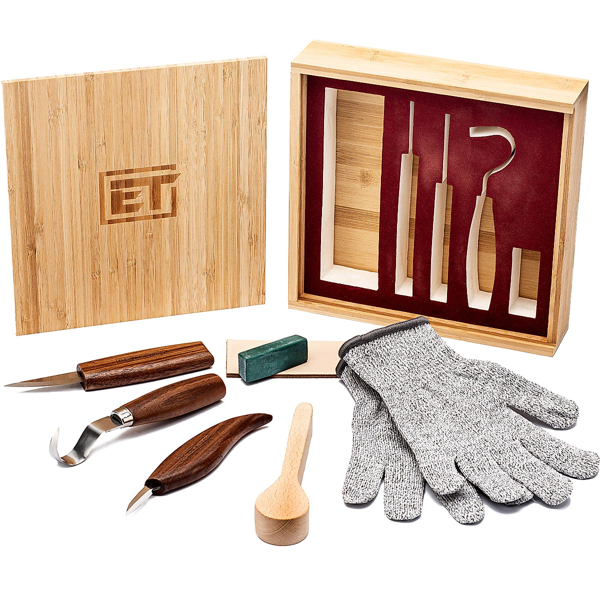 Elemental Tools 9pc Wood Carving Tools Set - Hook Carving Knife, Whittling Knife, Detail Wood Carving Knife For Spoon, Bowl, Kuksa Cup Or General Woodwork - Bonus Cut Resistant Gloves And Bamboo Box