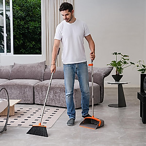 Broom and Dustpan Set House Brooms for Sweeping Indoor Collapsible Broom and Dust Pan Combo for Home Office Kitchen Lobby Floor Pet Hair Indoor&Outdoor Cleaning (Gray&Orange)