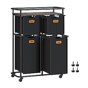 VASAGLE Laundry Sorter, Laundry Basket with Wheels, 39.6 Gal. (150 L) Rolling Laundry Hamper, Portable Laundry Cart with Shelf, 4 Removable Liners and 6 Labels, Ink Black and Chestnut Brown URLS100B01