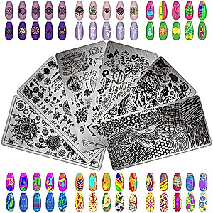 AddFavor 6pcs Nail Art Stamper Kit Flower Leaf Butterfly Geometry Nail Stamping Plates Template Stencils with 2 Stamp and 2 Scraper for Home Salon Manicure Design Tools