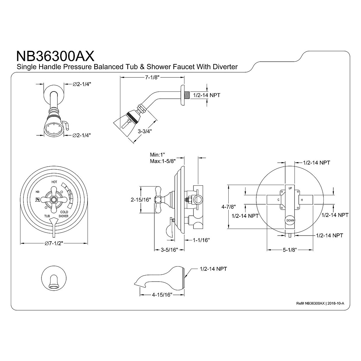 Kingston Brass NB36300AX Water Onyx Pressure Balanced Tub & Shower faucet with Metal Cross Handle and Vintage Spout, Black Stainless Steel