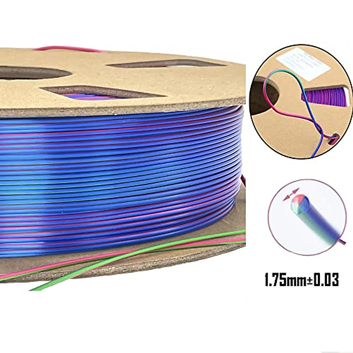 Silk PLA Filament, Magic 3D Printer Filament 1.75mm +/- 0.03mm,Fast Color Change Tri-Colors Rainbow PLA Filament with Silk PLA Red-Blue-Green,1kg/2.2lbs Cardboard Spool