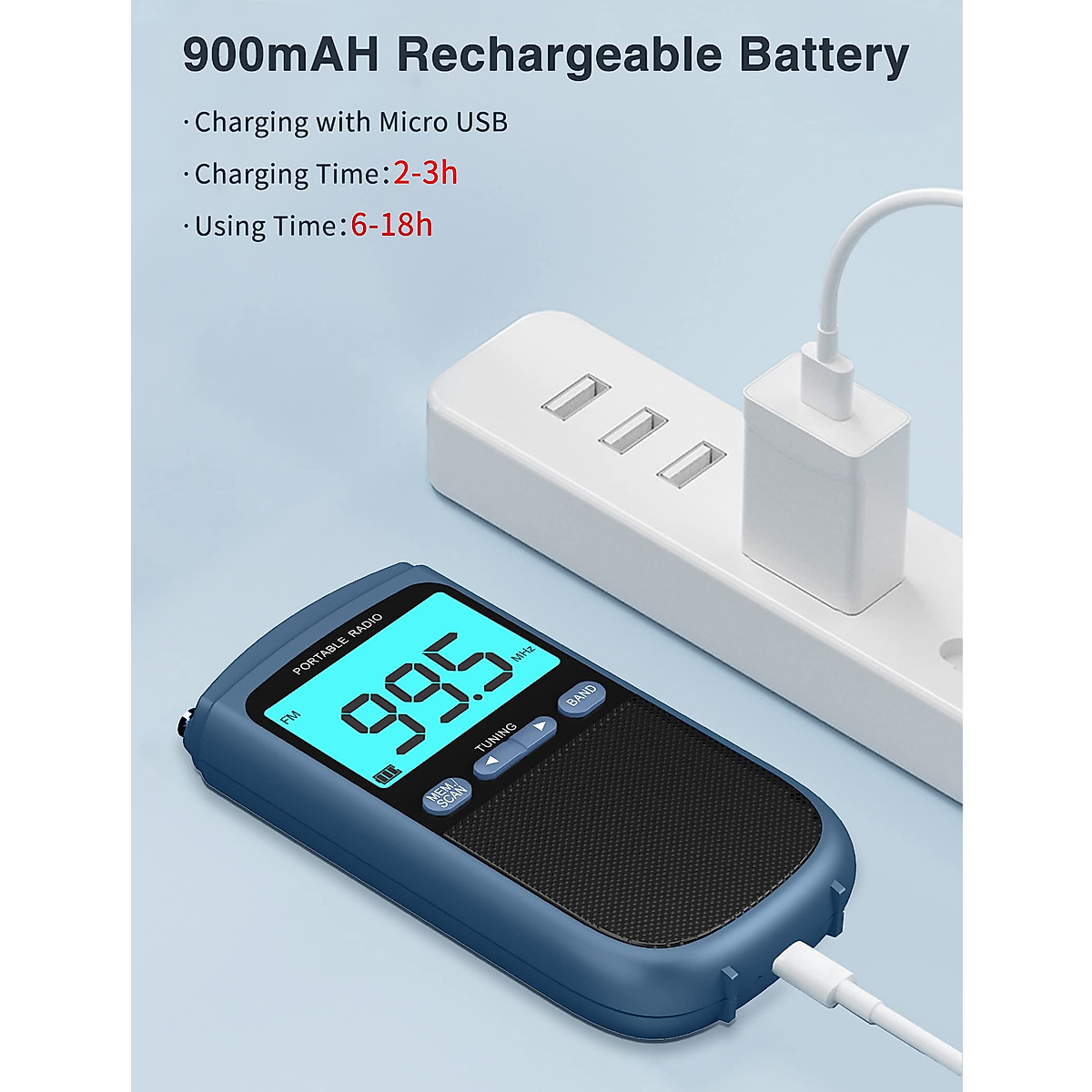 AM FM Walkman Radio: 900mAh Rechargeable Portable Transistor Pocket Radio with Best Reception Digital Tuning, LCD Screen,Stereo Earphone Jack, Sleep Timer and Alarm Clock for Jogging,Walking(Blue)