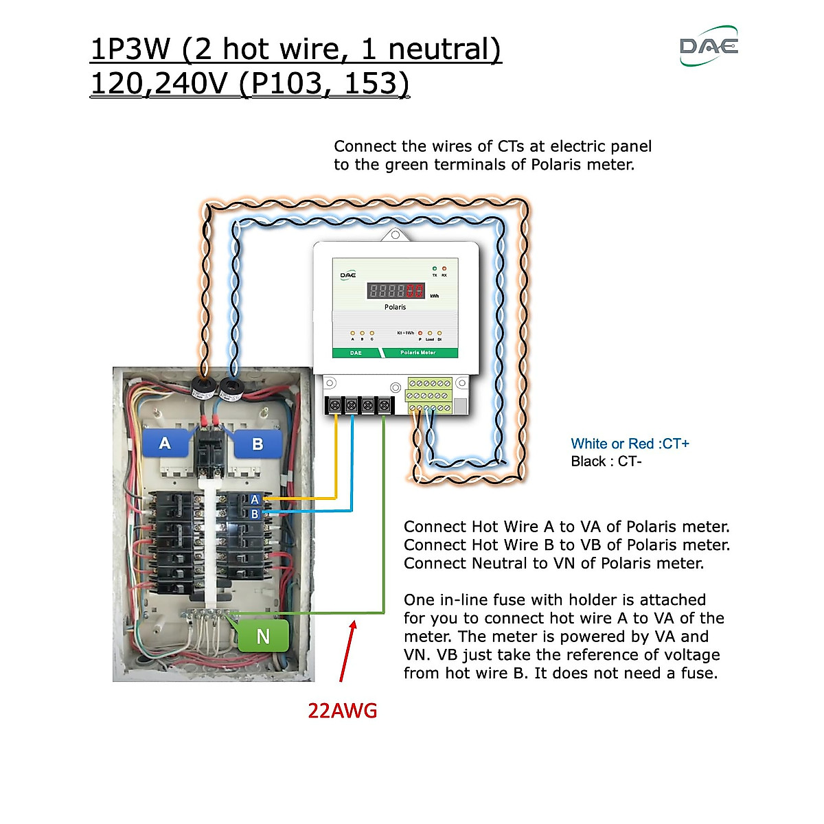 DAE P153-200 KIT, UL kWh Smart Submeter, 1 phase 3 wire (2 hot wire, 1 neutral), 200A, 120/240v, 2 Split Core CTs, RS485
