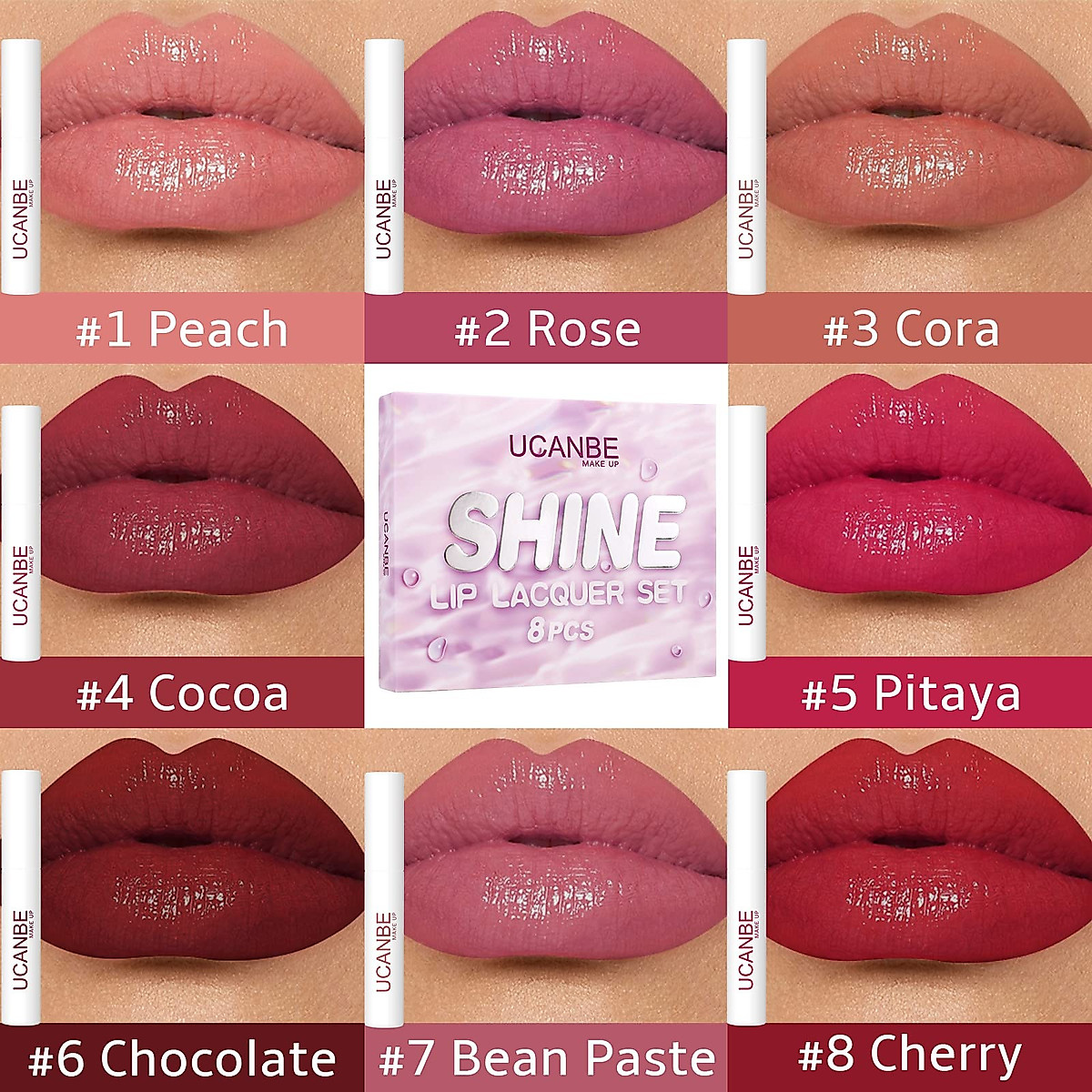UCANBE 8 Pcs Lightly Glossy Lipstick Set - Waterproof Lip Stain - Liquid Lip Color - Long Lasting Lip Gloss - Smuge proof Korean Makeup - Lip Stick Christmas Gifts for Women