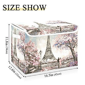 Kigai Beautiful Paris Eiffel Tower Lidded Home Storage Bins, Foldable Storage Basket with Double Handle, Flip-Top Storage Box for Toys Clothes Documents