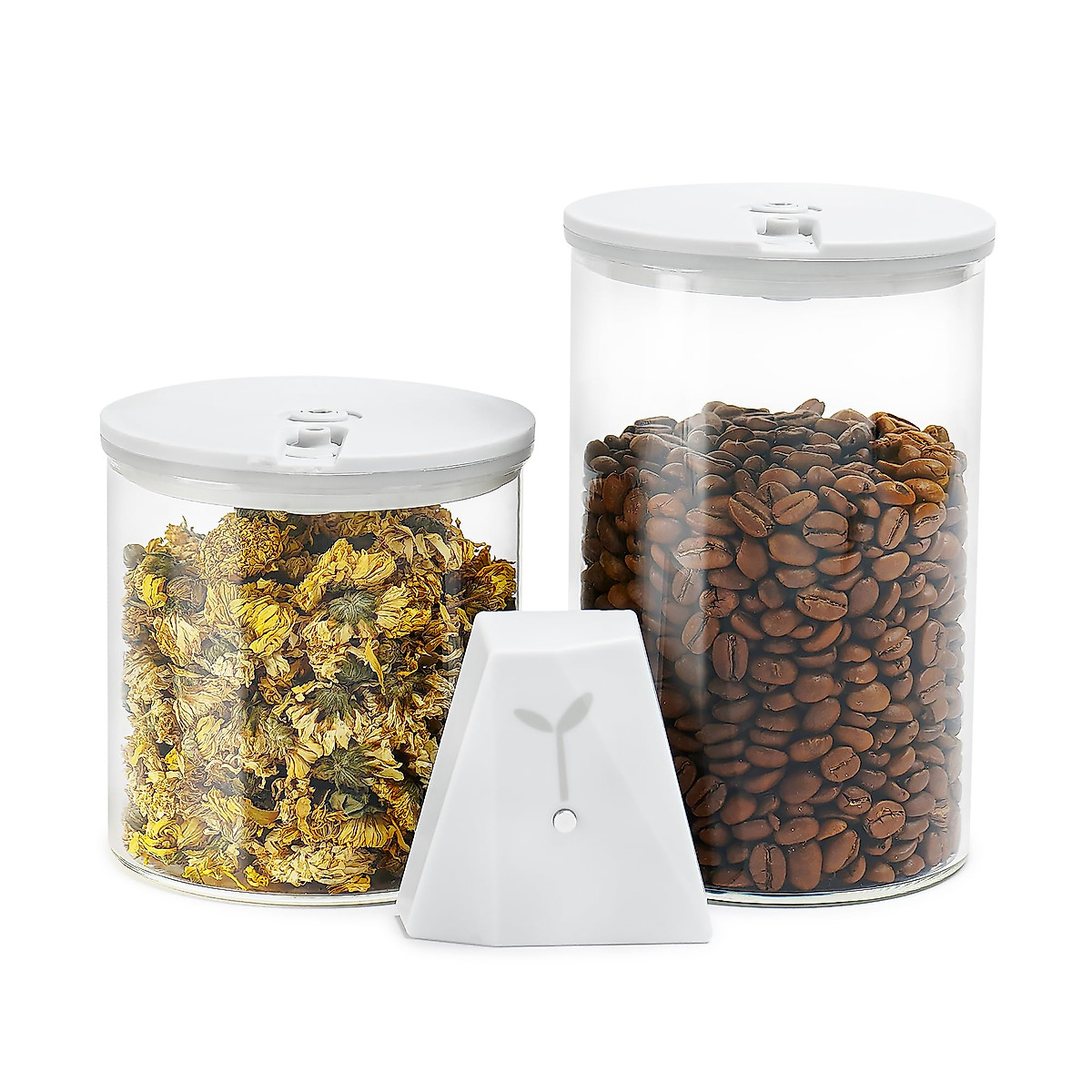 SealVax®Coffee Vacuum Canister- Vacuum Canister Coffee, Airtight Round Glass Storage Containers. Voyd vacuum canister, size large x 1 pcs + small x 1 pcs with vacuum sealer.