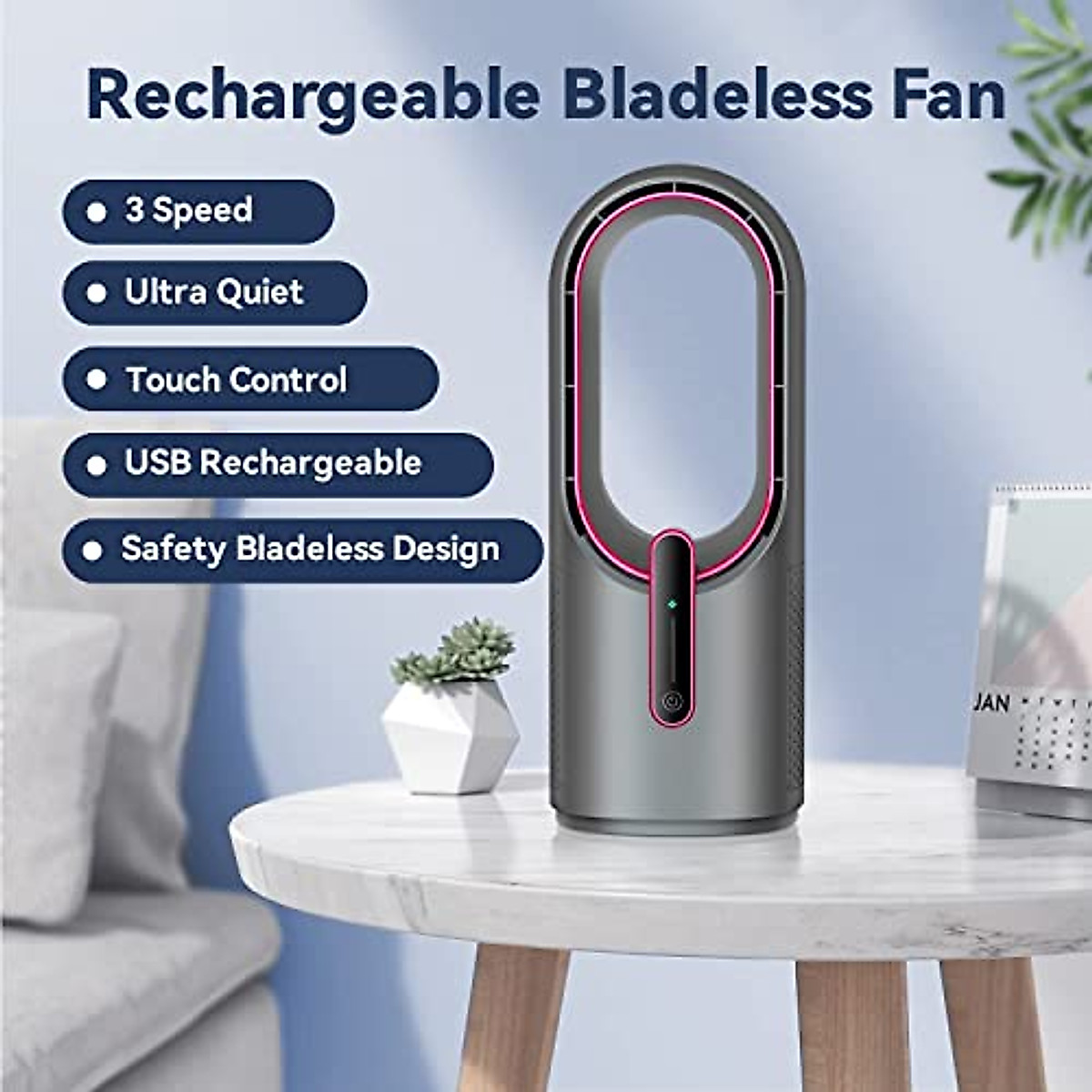 LOMMOL Desk Fan, 11.8 Inch Bladeless Fan Mini Office Fan, USB Table Fan With Comfy Wind, Desk Fan Small Quiet with 3 speeds Touch Control for Office Bedroom Dorm Workday Companion