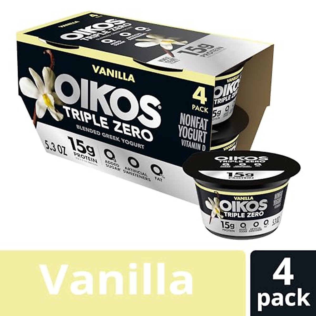 Oikos Triple Zero Vanilla Nonfat Greek Yogurt Pack, 0% Fat, 0g Added Sugar and 0 Artificial Sweeteners, Just Delicious High Protein Yogurt, 4 Ct, 5.3 OZ Cups