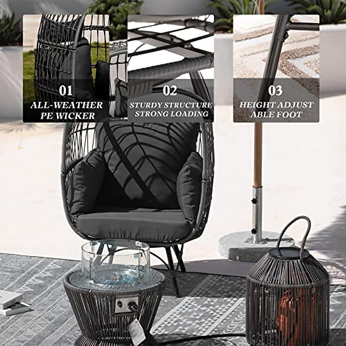 BULEXYARD 3 Piece Outdoor Egg Chair with Propane Fire Pit Table, Wicker Patio Egg Chair Set w/Natural Gas Firepit for Backyard, Porch, Deck (Dark Grey)