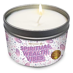 Magnificent 101 Spiritual Wealth Vibes 6-oz. Candle in Tin Holder; 100% Natural Soy Wax with Sage & Clove Essential Oils for Aromatherapy, Energy Cleansing, Meditation & Intention Setting; Great Gift