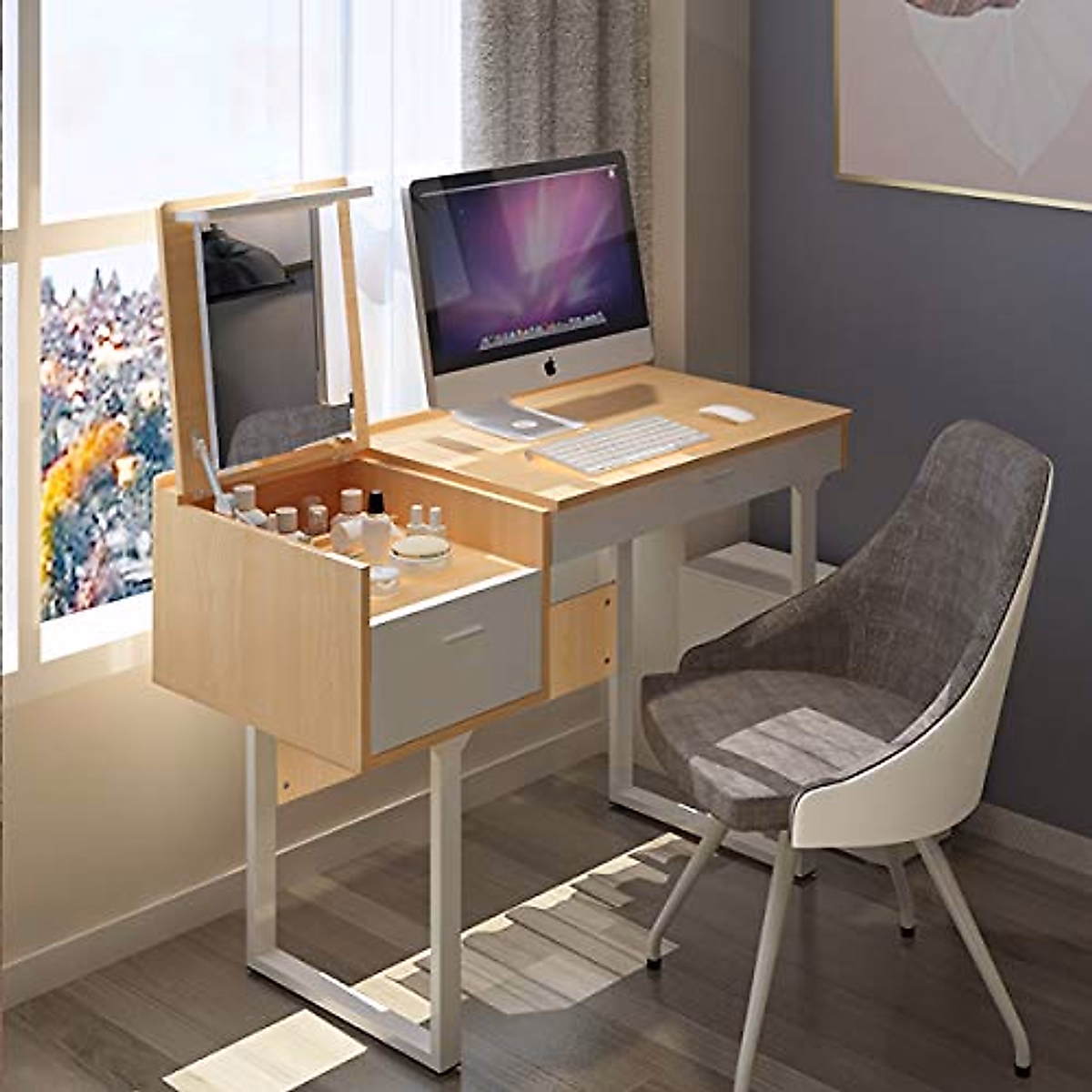 CHARMAID Makeup Table Writing Desk with Flip Top Mirror, Vanity Table with 5 Storage Compartments, Dressing Table Computer Laptop Desk with 2 Large Drawers for Students Girls Women
