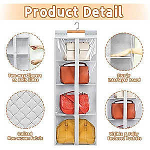 Msoesticc.dl Clear Hanging Handbag Purse Organizer with Zipper, Dustproof Hanging Closet Purse Organizer Space Saving Tote Bage Purse Storage Holder for Closet Wardrobe - 4 Easy Access Pockets (Grey)