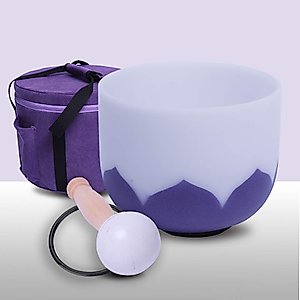 ENERGYSOUND Frosted A Note Third Eye Chakra Quartz Crystal Singing Bowl 8 inch Lotus Design with carrier bag
