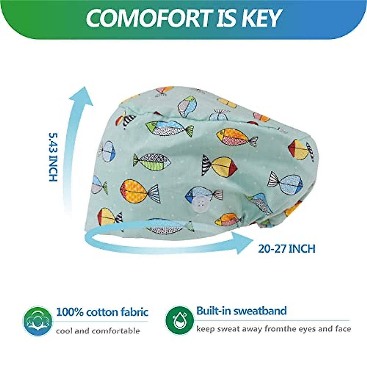 10 Pieces Working Hat with Buttons and Sweatband, Adjustable Bouffant Scrub Caps Women Men Nursing Caps for Nurses (10:5 Printed+5 Solid)