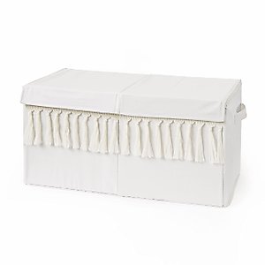 Sweet Jojo Designs Ivory Boho Bohemian Girl Boy Small Fabric Toy Bin Storage Box Chest For Baby Nursery Kids Room - Gender Neutral Solid Beige Cream Off White Farmhouse Chic Unisex Minimalist Tassel