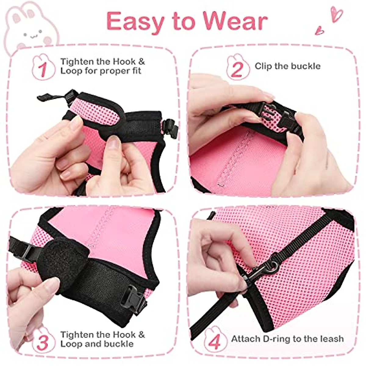Pettom Bunny Rabbit Harness with Stretchy Leash Cute Adjustable Buckle Breathable Mesh Vest Harness and Leash Set for Kitten Small Pets Holland Lop Bunnies Walking (S(Chest:10.8-12.9 in), Pink)