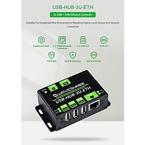 Waveshare Industrial Grade Multifunctional USB HUB Extending 3X USB Ports + 100M Ethernet Port Suitable for Industrial/Office Environments Requiring Higher Level Device and Network Connection