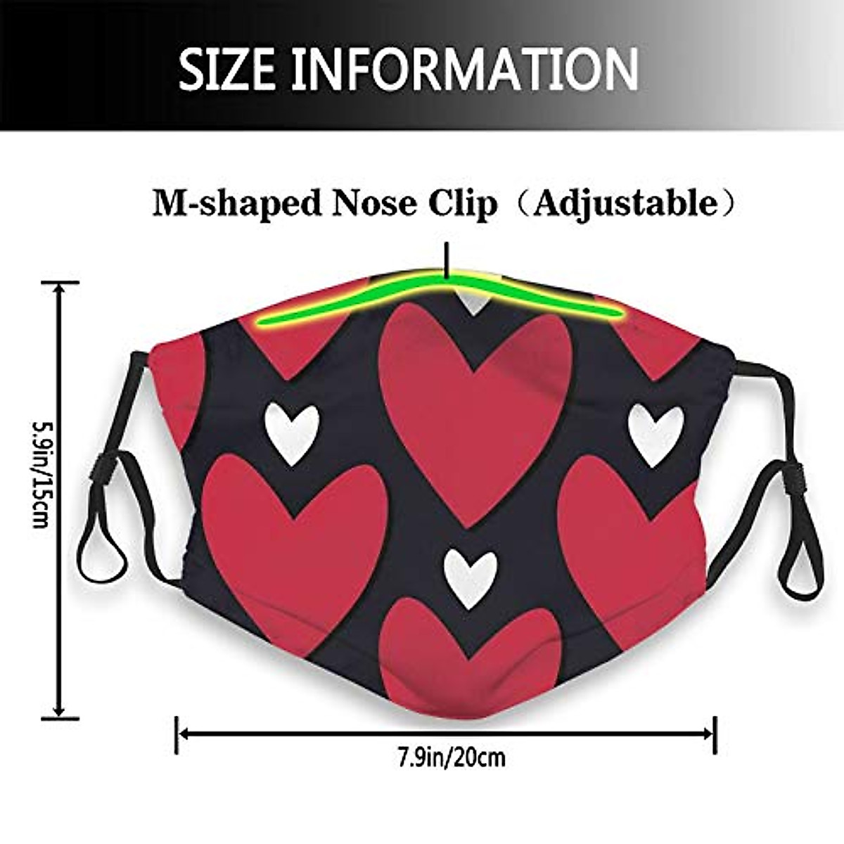 Valentines Cloth Face Mask With Filter Pocket Romantic Heart Shapes Doodle Love Theme Anniversary,Washable Face Bandanas Balaclava Dust-Proof Reusable Fabric Mask With 2 Pcs Filters,Ruby Black White