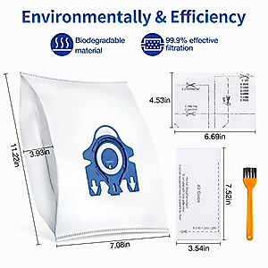 Rowhalf 12 Pack 3D Airclean Dust Bags, Compatible with Miele GN Vacuum Cleaner Bags, Replacement for Miele Classic C1 Complete C1, C2, C3, S400i S600 S2 S5 S8 Series, with 4 MP Filters, 4 AirClean Filters