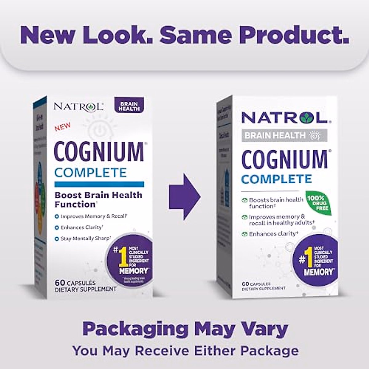 Natrol Cognium Complete, Dietary Supplement for Brain Health, Brain Health Supplements for Adults, 60 Capsules, 30 Day Supply