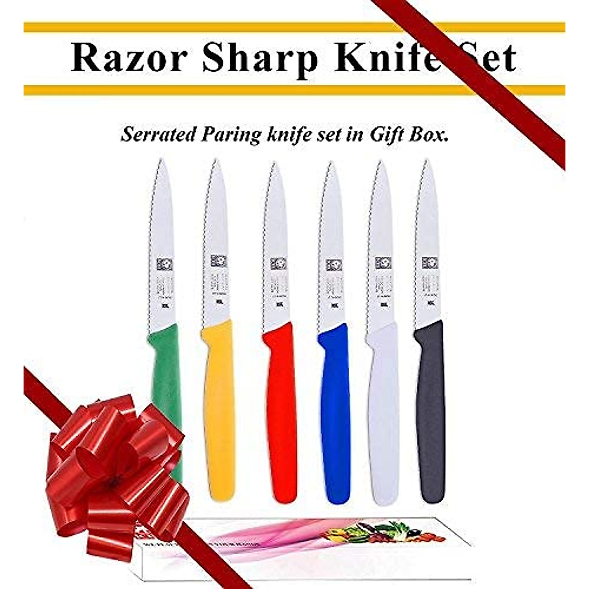 ICEL Serrated Paring Knife Set. Great for All Kind of Kitchen Prep work, Like Chopping Mincing Dicing. 6-Piece Set Includes One Red, Blue, Yellow, Green, Black and White knives Light 'n' Mighty