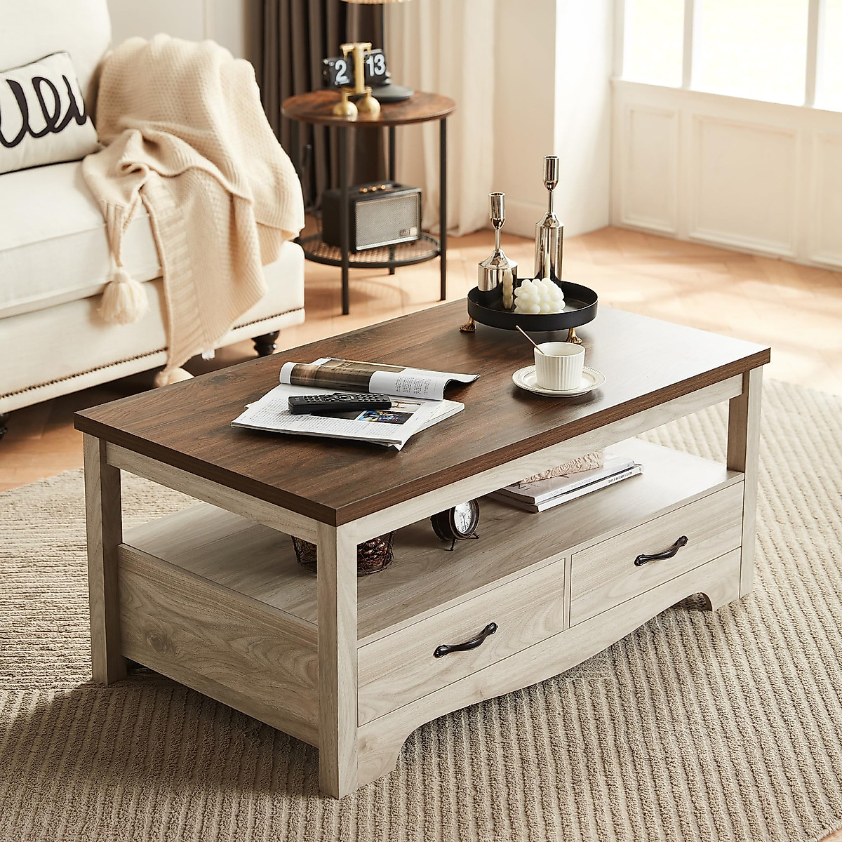 LINSY HOME Farmhouse Coffee Table with Storage, Wood Coffee Table for Living Room, Open Display Area and Storage Drawers with Metal Handles, Chic Style with Curved Base. Oak and Brown