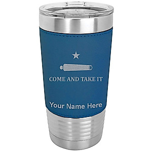 LaserGram 20oz Vacuum Insulated Tumbler Mug, Texas Come and Take It Flag, Personalized Engraving Included (Faux Leather, Blue)