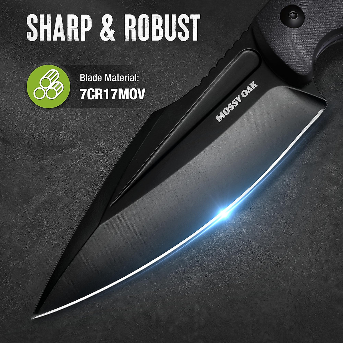 MOSSY OAK Hunting Knife with Sheath, 8.5-inch Full-tang Fixed Blade Knife, Outdoor Knives for Survival, Camping, Hiking (G10 Handle-Black)