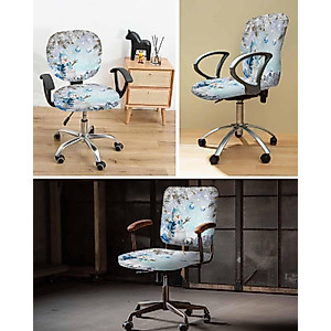 Christmas Snowman Office Chair Cover Stretchable Computer Chair Seat Cover Backrest Slipcovers, Stretchable Rotating Desk Chair Seat Cushion Split Protectors Silver Xmas Ball Pine Tree Leaves