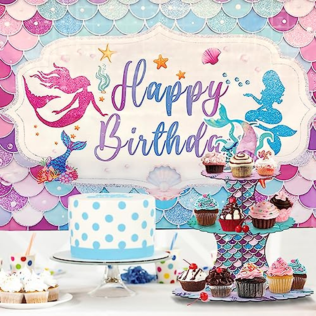 Ayearparty 3 Tier Cupcake Stand Mermaid Theme Table Decorations Cardboard Mini Cake Stand Holder Dessert Tower Round Serving Tray Under The Sea Baby Shower Birthday Party Supplies