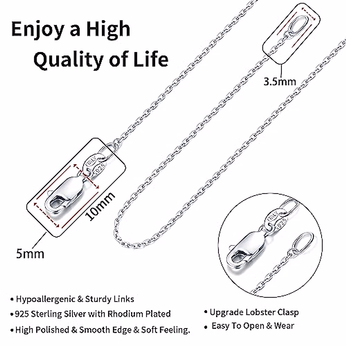 Jewlpire Solid 925 Sterling Silver Chain Necklace for Women Girls, 1.1mm Cable Chain Silver Chain for Women Shiny & Sturdy Women's Chain Necklaces, 18 Inches