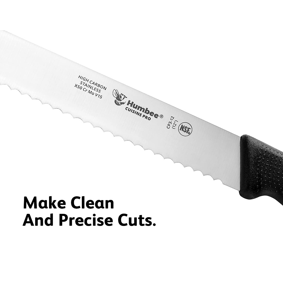 HUMBEE Cusine Pro, 12 inch Bread Knife, Serrated Knife Wave Razor-Sharp Blade Comfortable Grip Dishwasher Safe, NSF Certified,Black